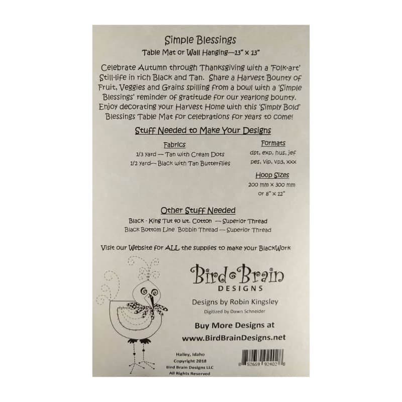 Bird Brain Designs Simple Blessings - Machine Embroidery - Moore's Sewing
